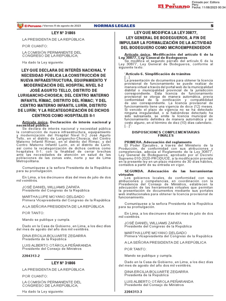 Ley Que Modifica La Ley 30877 Ley General de Bodegueros A Ley N 31866 ...