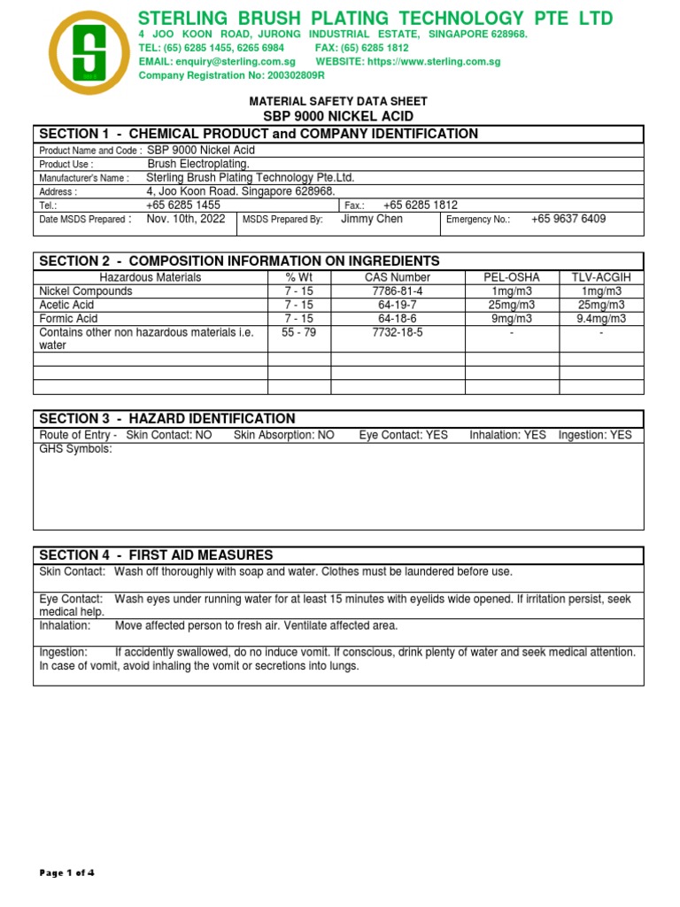 Msds-sbp9000, Nickel Acid, 221110 | PDF