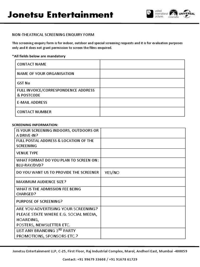 Jonetsu Entertainment Screening Form | PDF