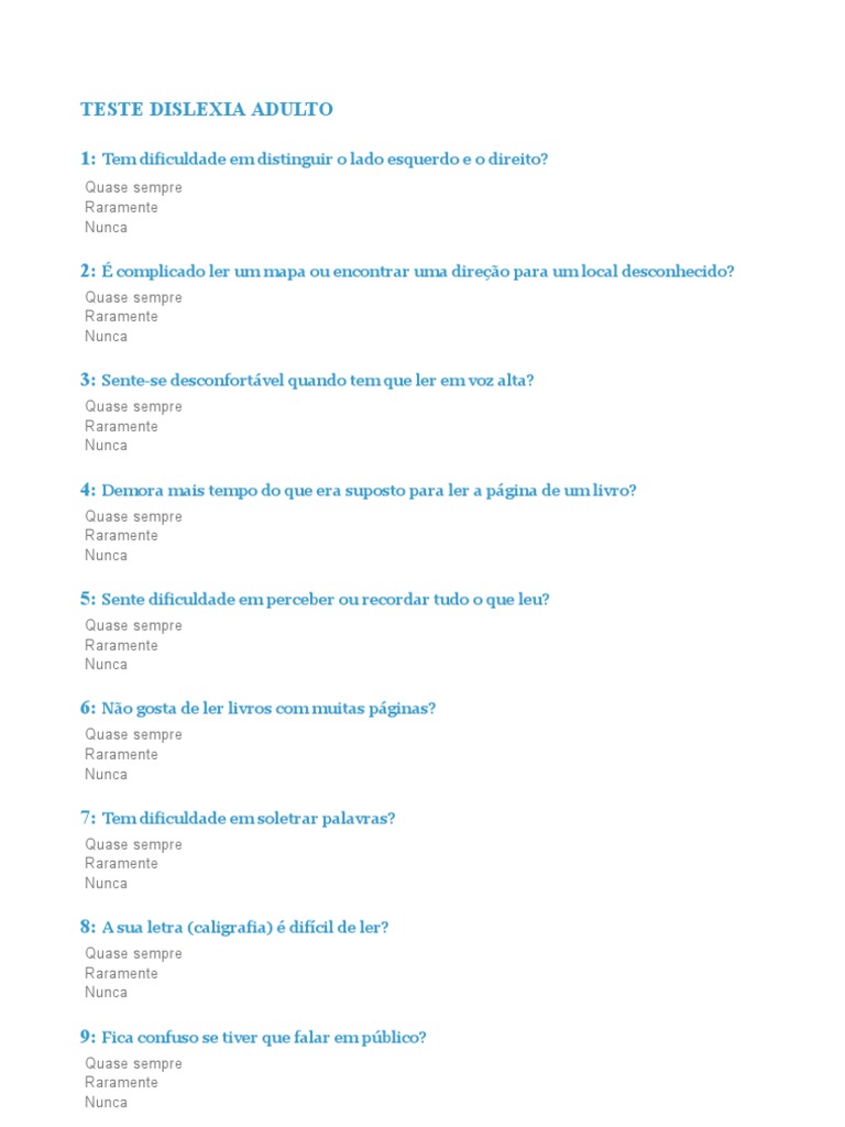 Teste de Dislexia para Adultos | PDF