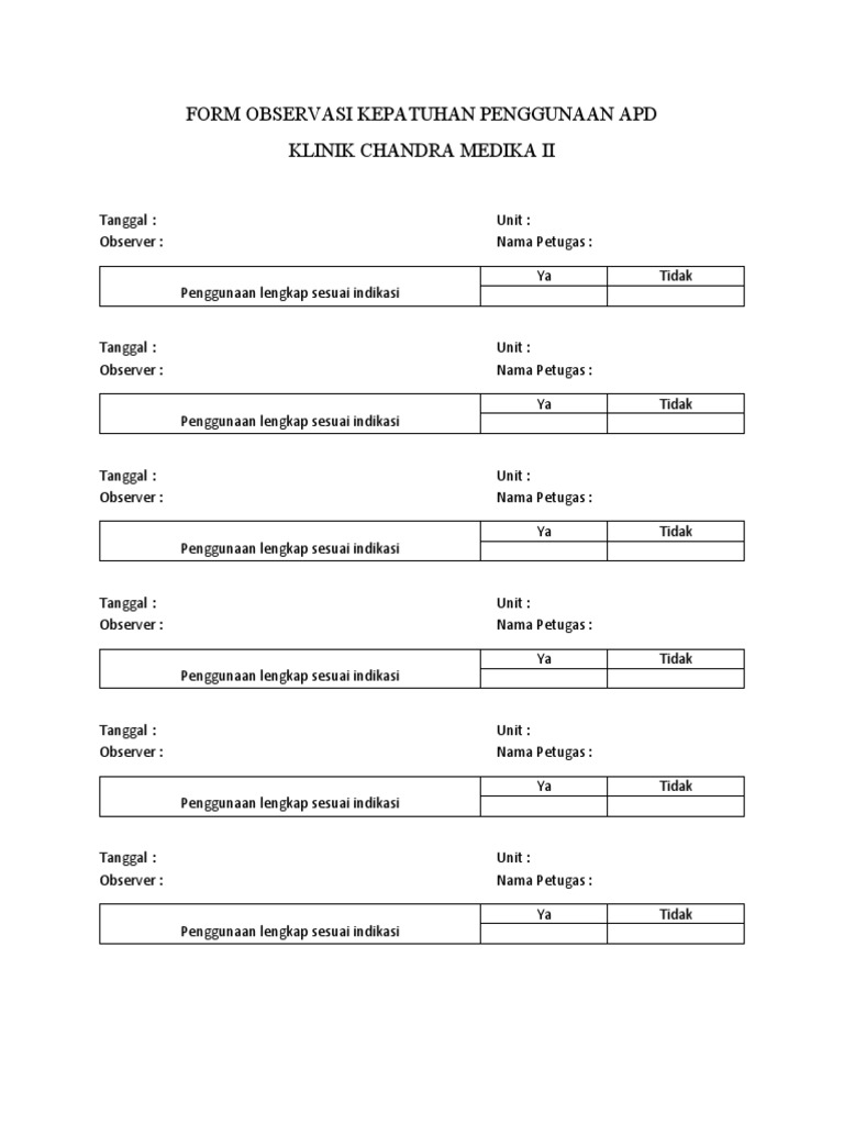 Form Observasi Kepatuhan Penggunaan Apd | PDF Form Observasi Kepatuhan Penggunaan Apd | PDF
