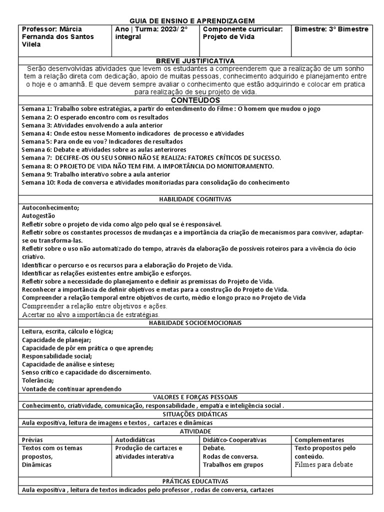 Guia De Ensino E Aprendizagem Projeto De Vida 3 Bimestre Pdf