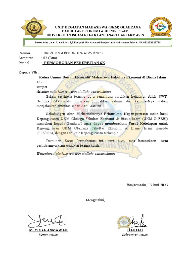 Surat Permohonan SK UKM O FEBI PDF 1 | PDF