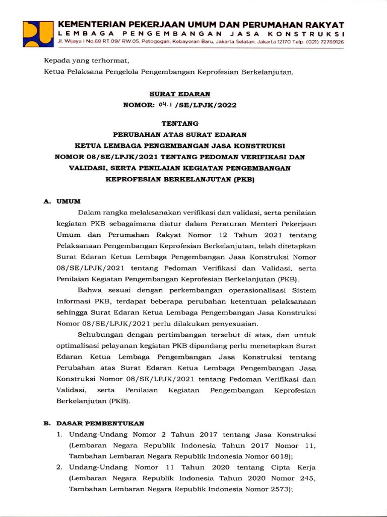 04.1 - SE - LPJK - 2022 - Perubahan Atas SE Ketua LPJK No 08 Tahun 2021 Tentang Pedoman ...