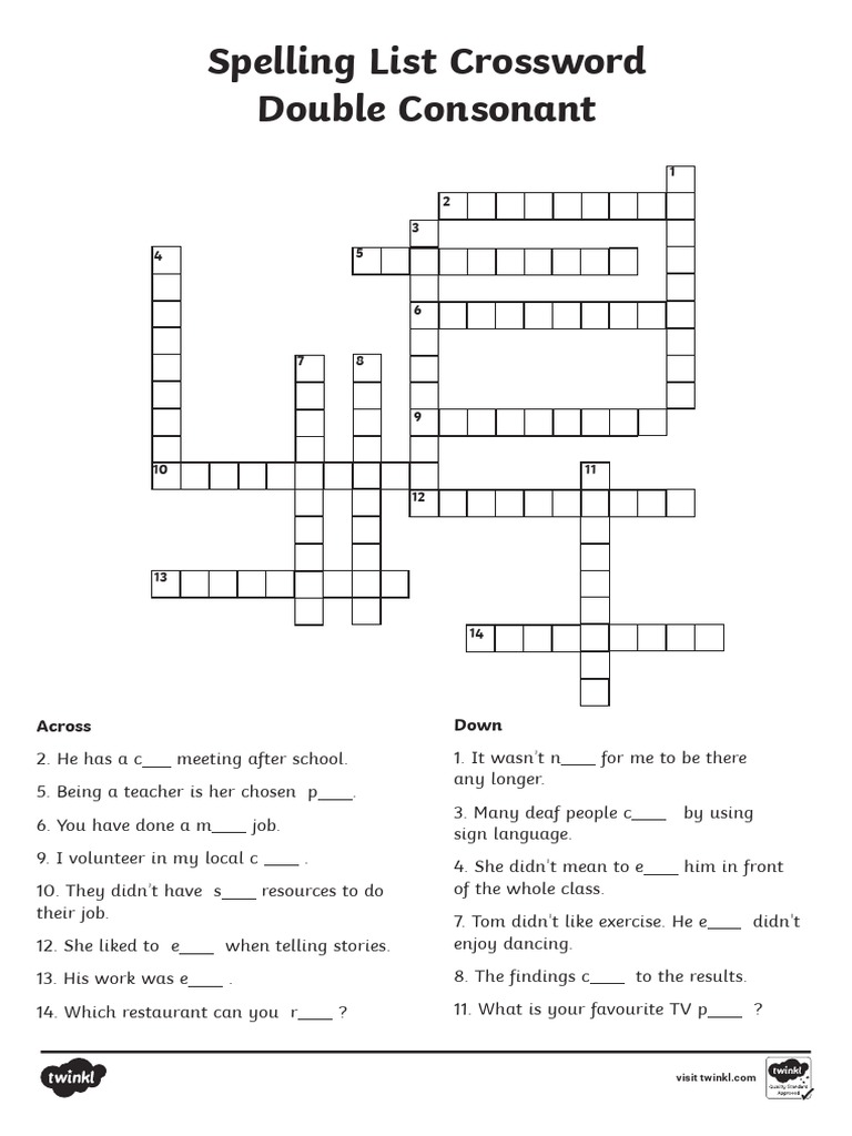 Spelling List Crossword Double Consonant Words | PDF