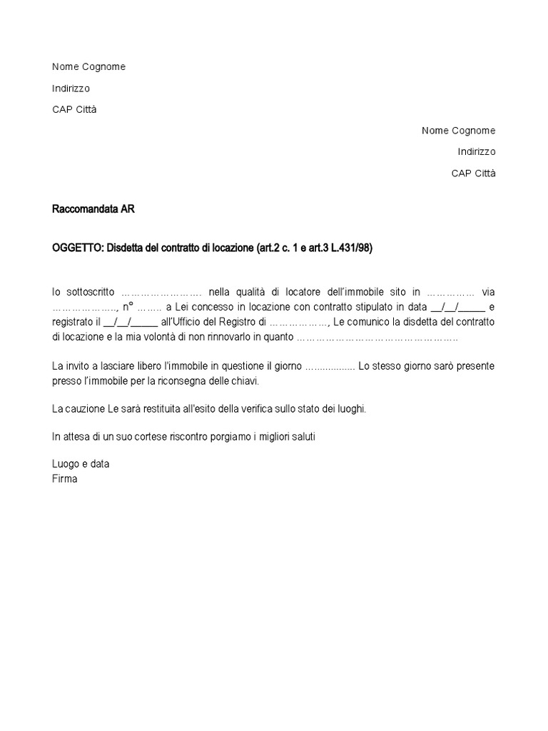 Disdetta Contratto Di Locazione Locatore | PDF