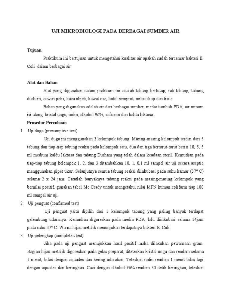 Uji Mikrobiologi Pada Berbagai Sumber Air | PDF | Sains & Matematika