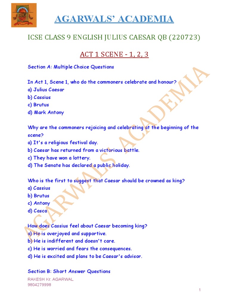 Icse Julius Caesar Act 1 Scene 1,2,3 QUESTIONS | PDF | Julius Caesar