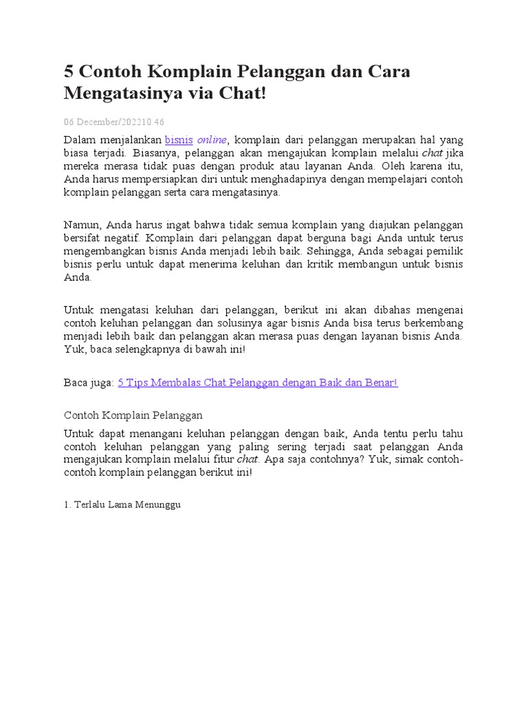 5 Contoh Komplain Pelanggan Dan Cara Mengatasinya Via Chat | PDF