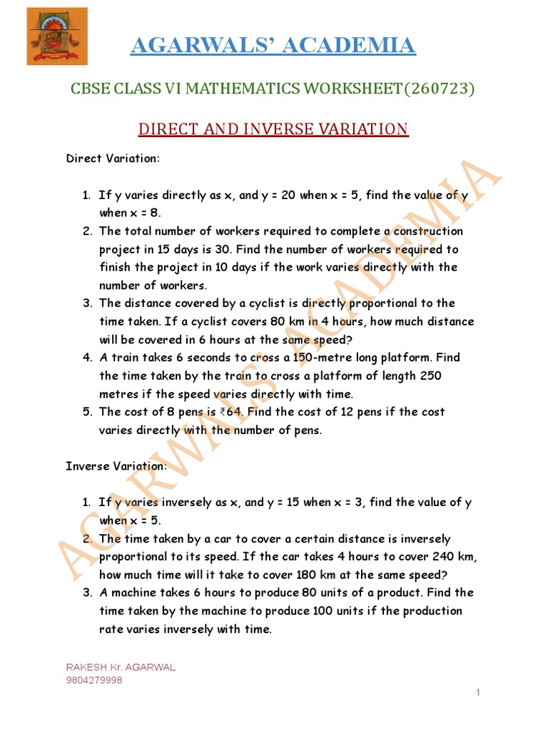 Icse Class 8 Mathematics Direct and Inverse Variation and Identities ...