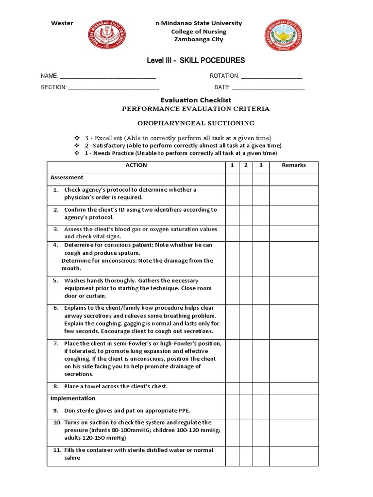 Oro-Nasopharyngeal Suctioning Checklist | PDF | Breathing | Hand Washing