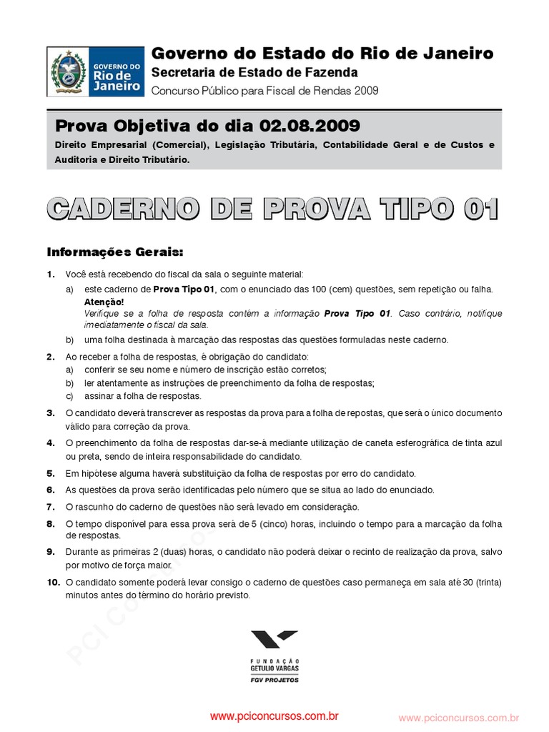 Prova Tipo 01 - Concurso Fiscal de Rendas | PDF | Falência | Impostos