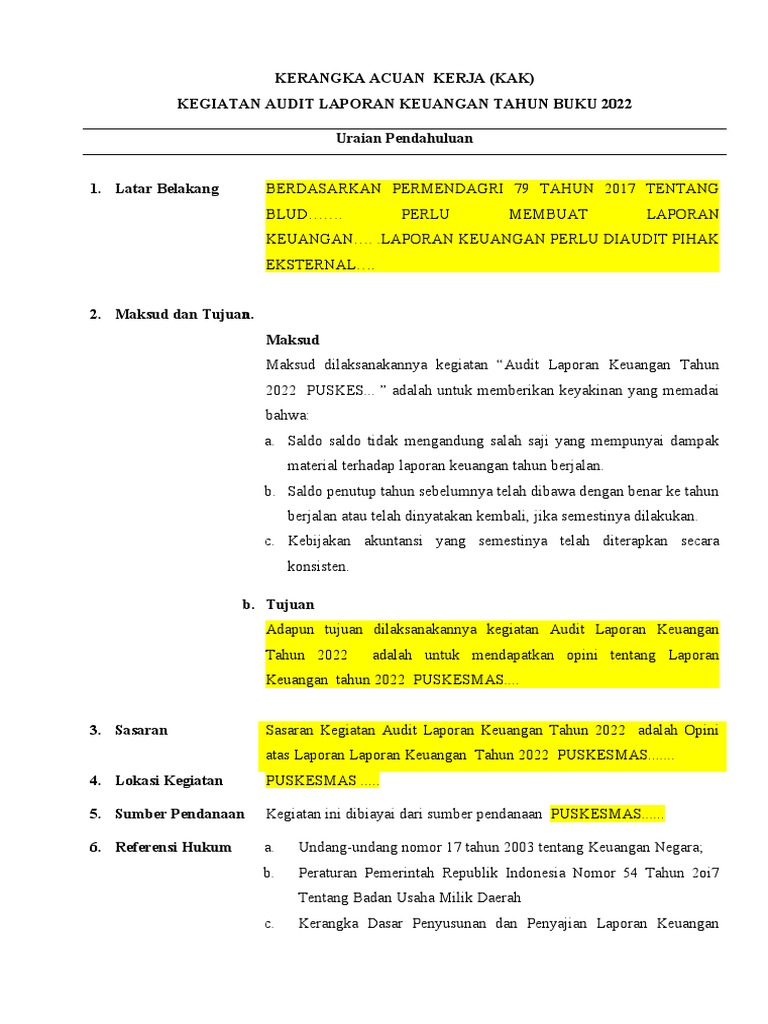 KAK Audit Lap - KEU PUSKES | PDF