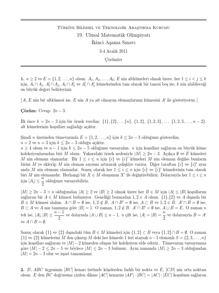 2011 Turkish Mathematical Olympiad Solutions | PDF | Teaching Methods ...