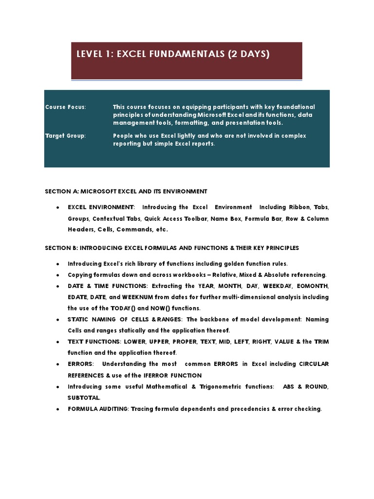 TOR Excel Training Levels 1 - 3 | PDF | Microsoft Excel | Spreadsheet