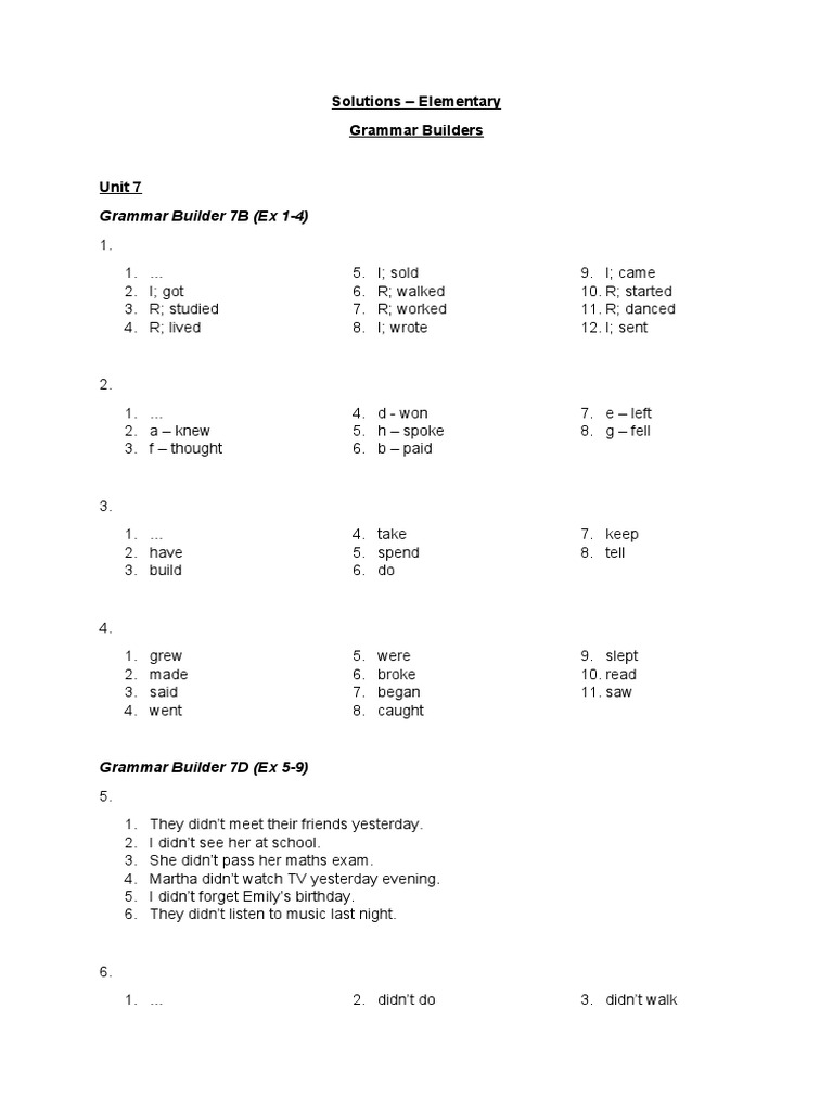 Solutions - Elementary - Grammar Builders - Unit 7 - KEY | PDF