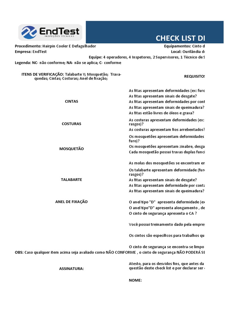 Check List Cinto de Segurança | PDF