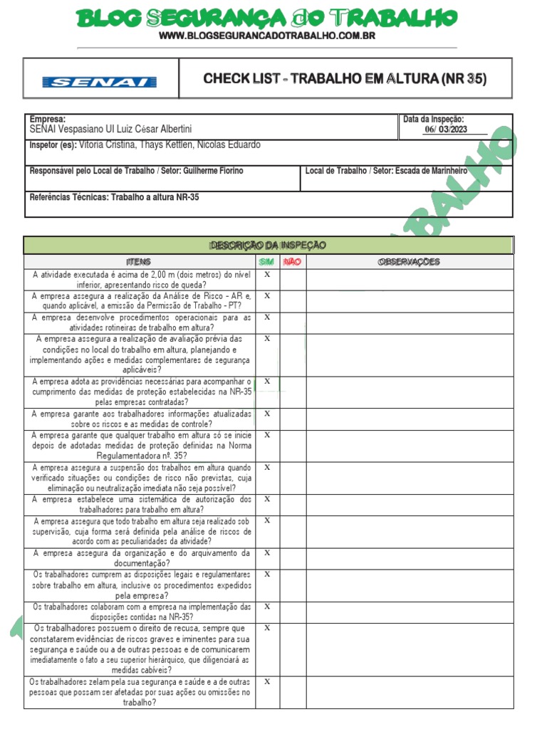 Check List - Trabalho em Altura (NR 35) | PDF | Desenvolvimento ...