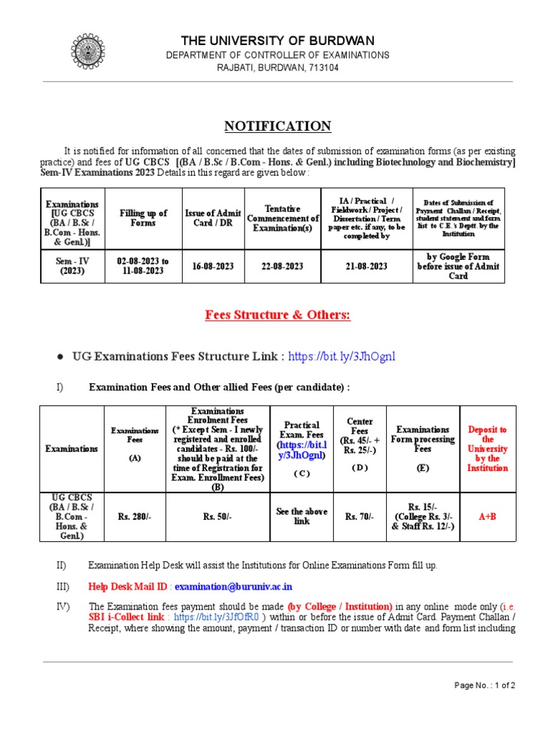 Ug Cbcs Sem Iv 2023 Examinations Form Fill Up Notification Pdf