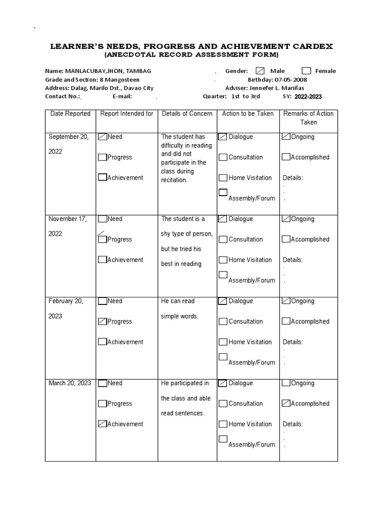Anecdotal Record | PDF | Reading Comprehension | Attention