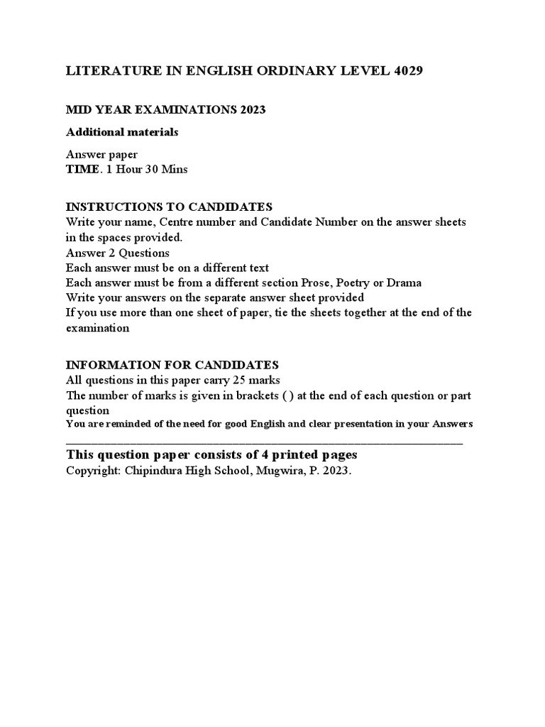 Literature f3 Mid Year Exam 2023. | PDF