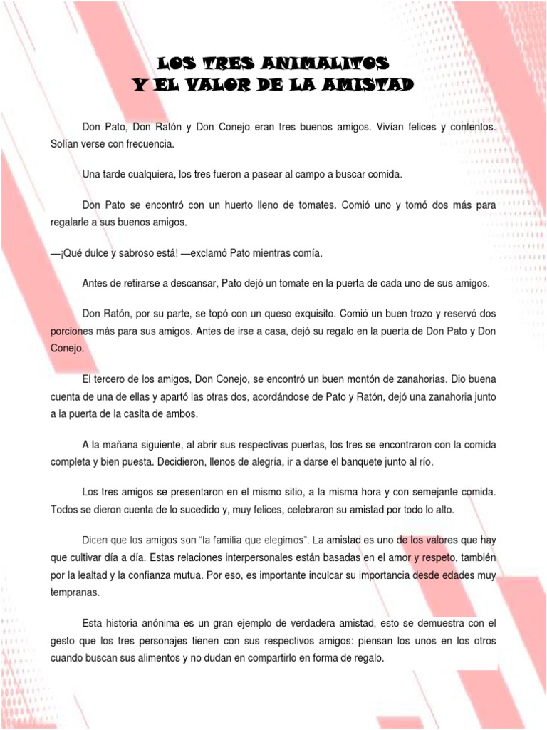 Cuento de Valores (Los Tres Animalitos - Amistad) | PDF