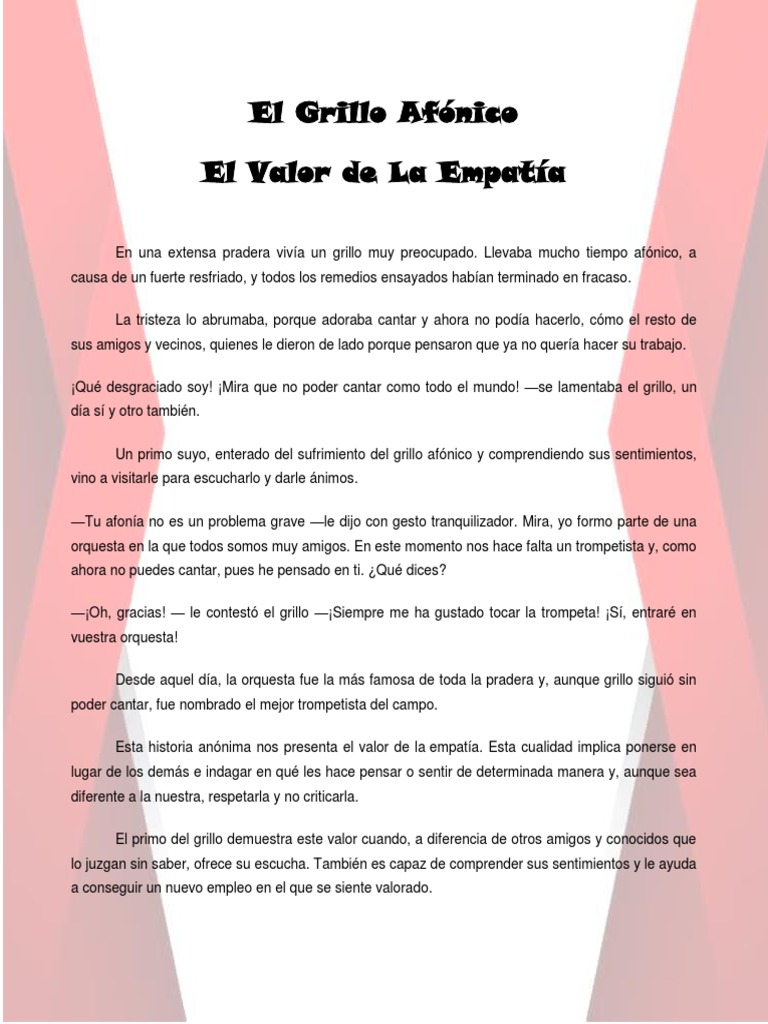 Cuento de Valores (El Grillo Afonico - Empatia) | PDF