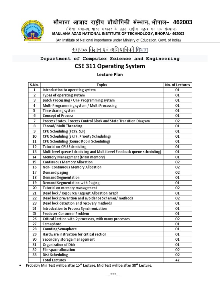 CSE 311 OS Lecture Plan | PDF