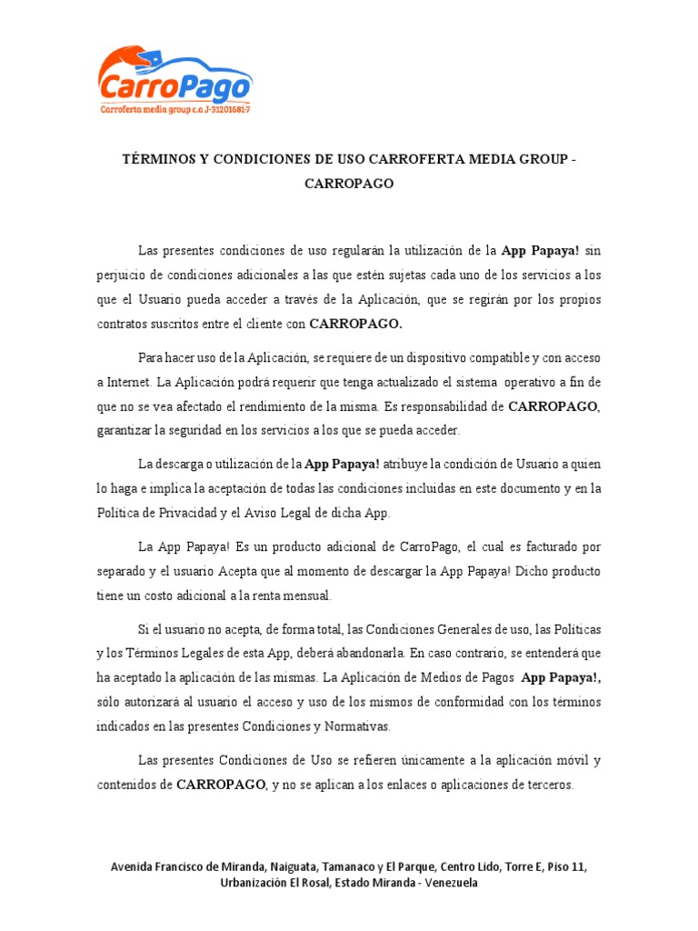 Terminos Condiciones De Uso App Papaya Y Contrato De Servicio