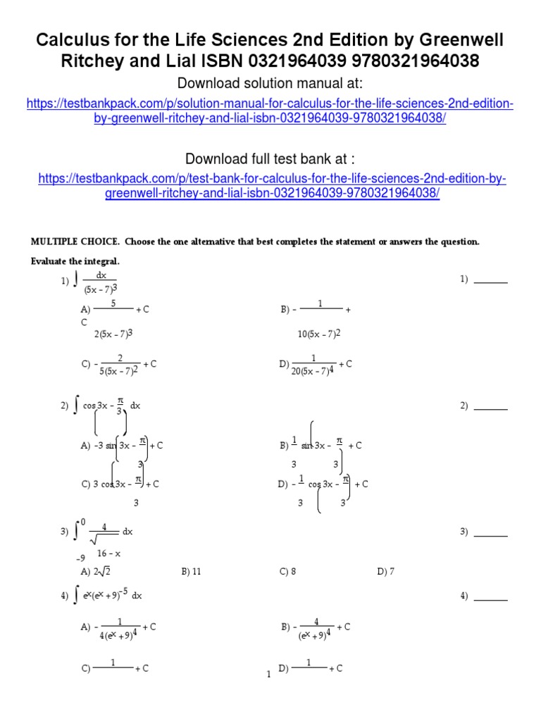 Calculus For The Life Sciences 2nd Edition Greenwell Solutions Manual ...