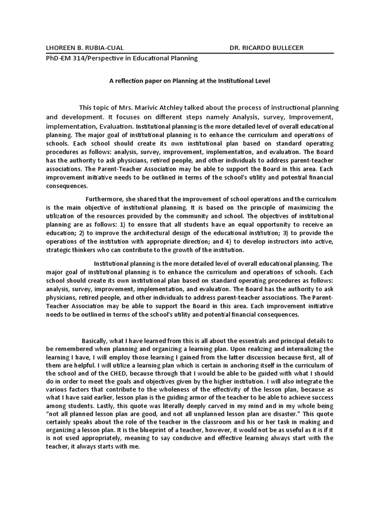 Reflection Institutional Planning | PDF