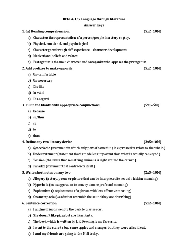 June, 2023 Answer Key BEGLA-137 Language Through Literature | PDF ...
