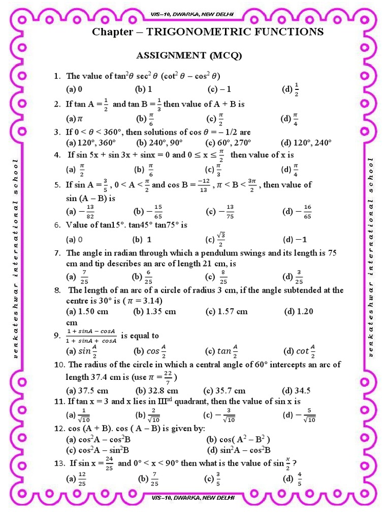 Trigonometric Functions MCQ | PDF | Complex Analysis | Mathematical ...