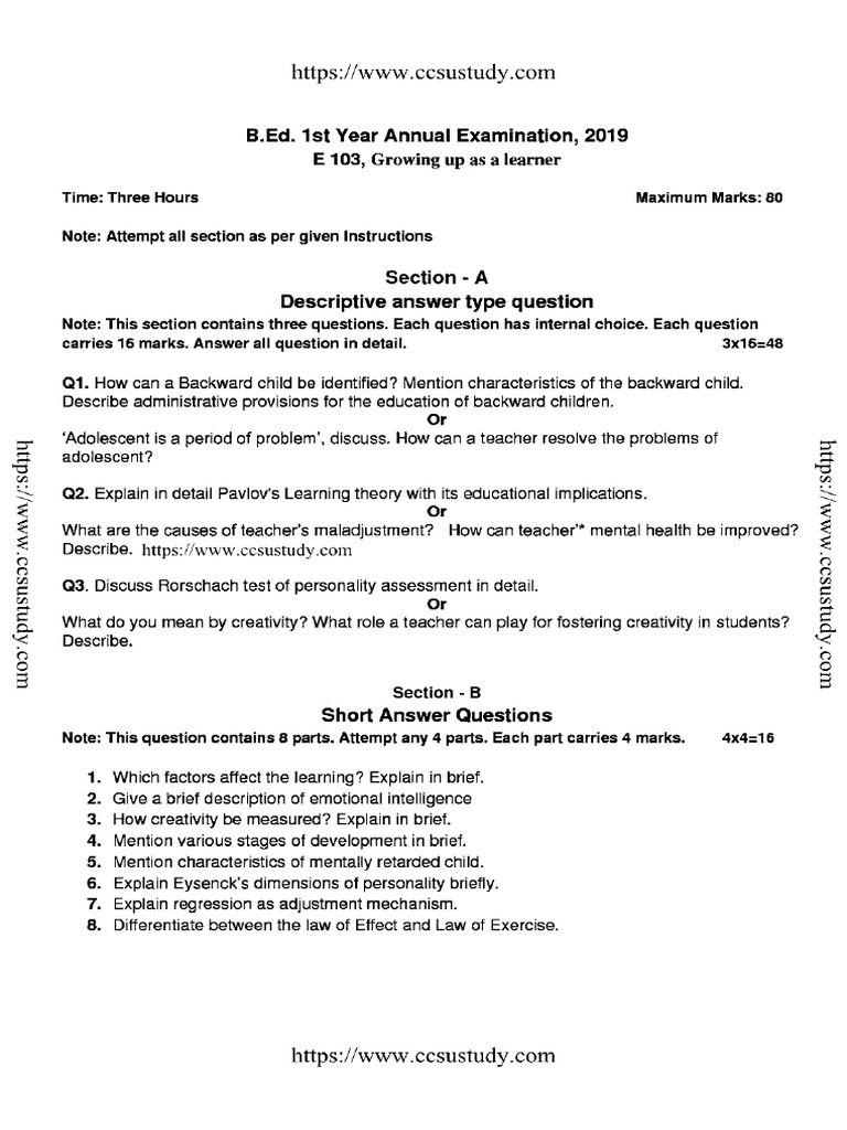 B Ed 1 Year Growing Up As A Learner 5052 2019 | PDF