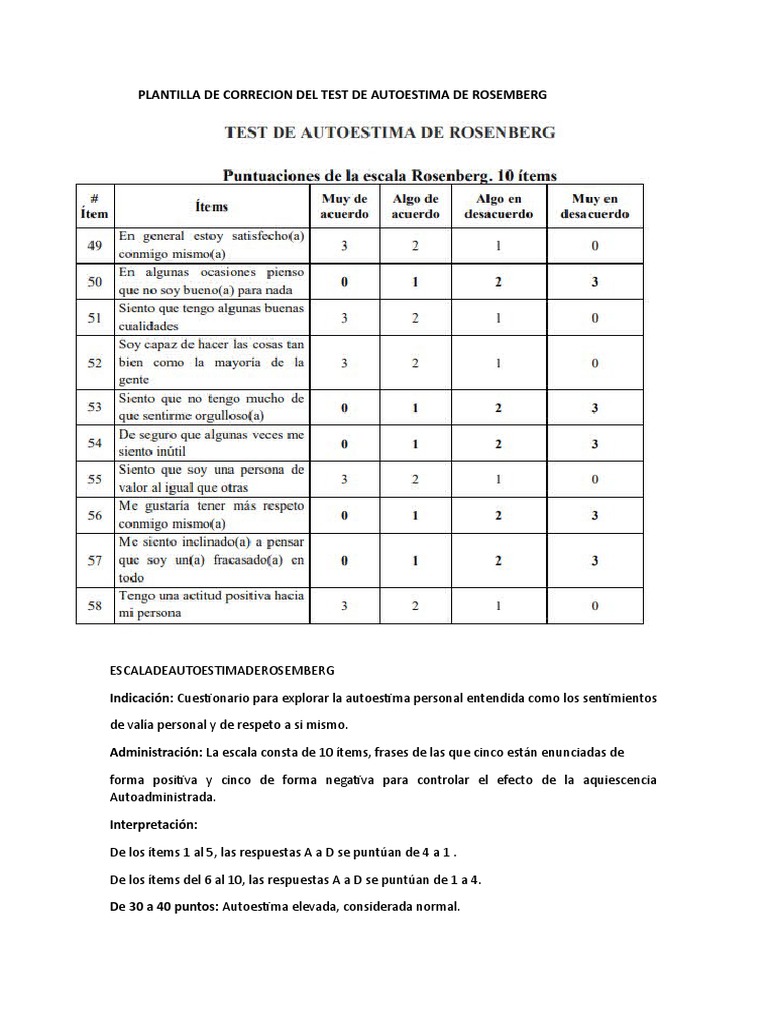 Plantilla de Correcion Del Test de Autoestima de Rosemberg | PDF