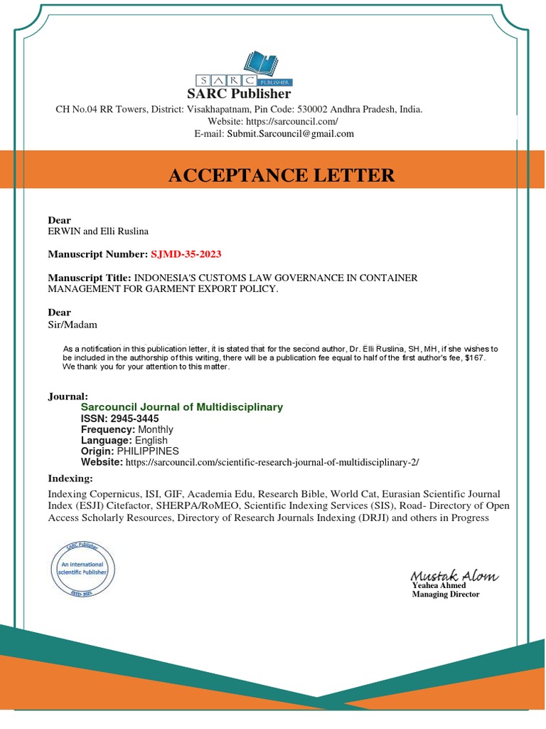 Acceptece Letter - DR Elli Ruslina | PDF | Science | Publishing