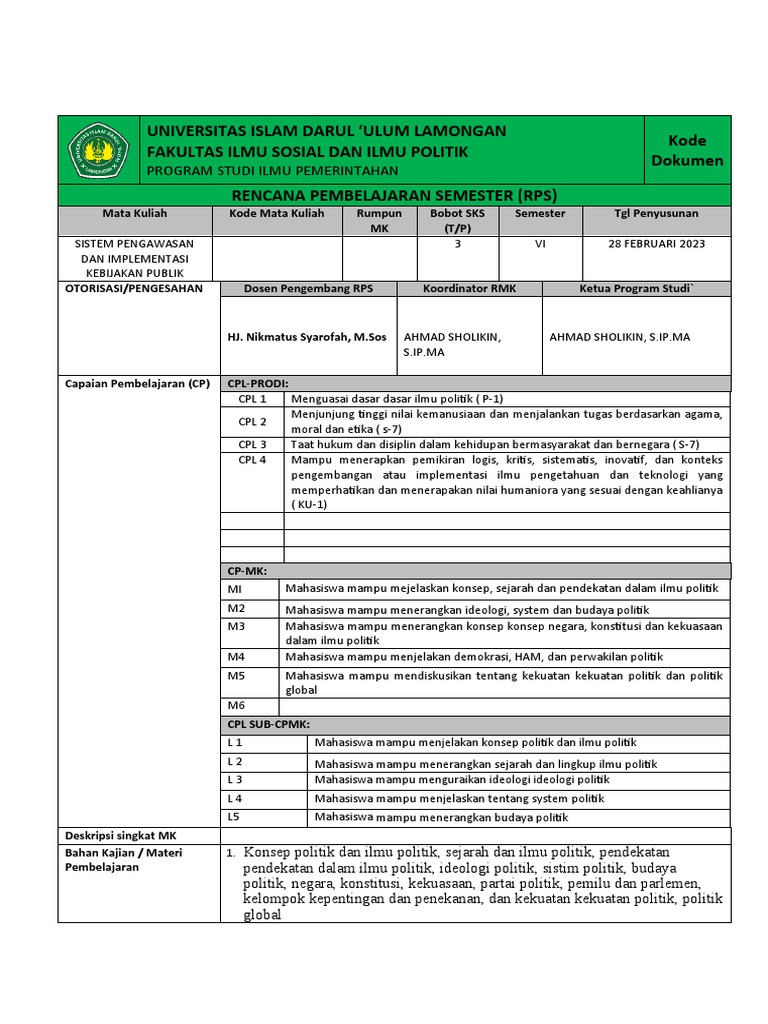 Contoh Template RPS Mata Kuliah | PDF