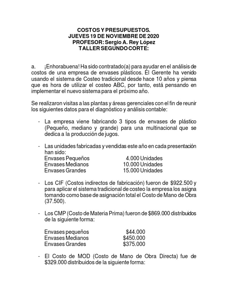 Taller Segundo Corte Costos y Presupuestos Nov2020.. | Descargar gratis PDF | Presupuesto ...