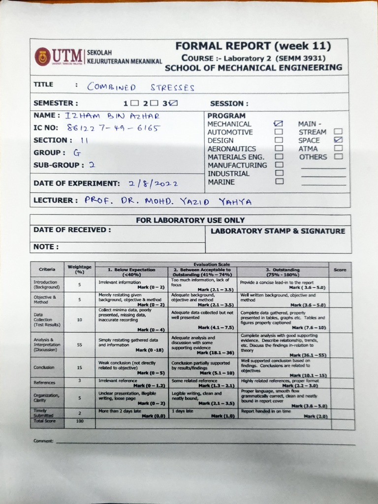G2-Izham Bin Azhar-Combined Stresses-Fr | PDF | Stress (Mechanics ...