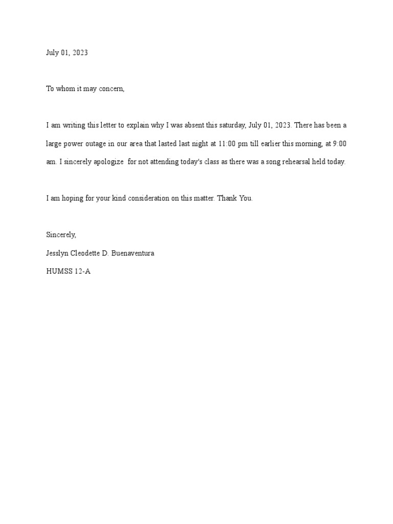 Power Outage Absence Explanation Letter | PDF
