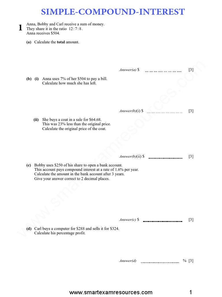 1 2 1 Simple Compound Interest Topic Questions Set 1 Qp Ms Pdf