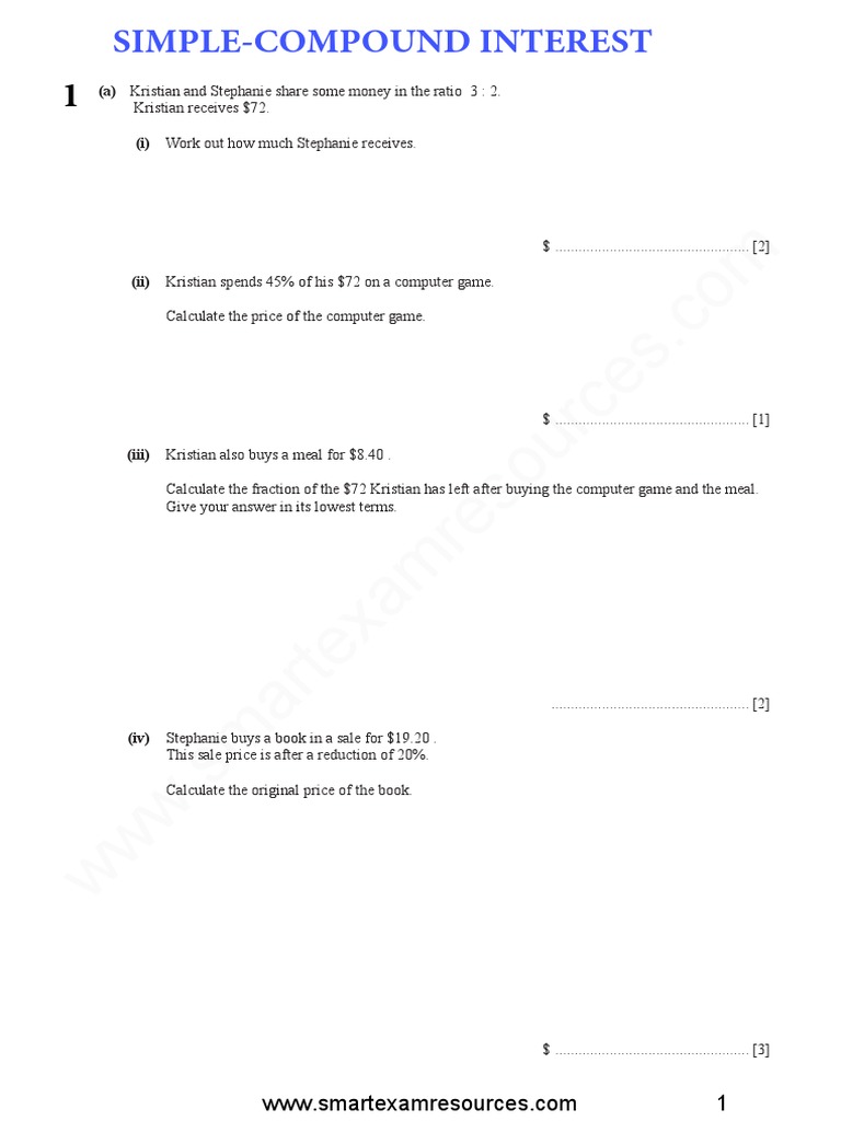 1.2.2 Simple Compound Interest Topic Questions Set 2 QP Ms | Download ...