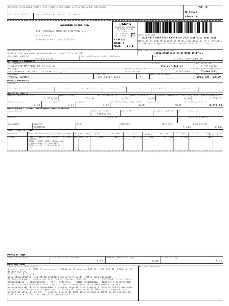 Nota Fiscal Do Celular | PDF