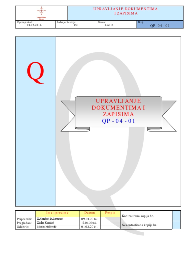 QP 04 01 Procedura Za Dokumentaciju I Zapise | PDF
