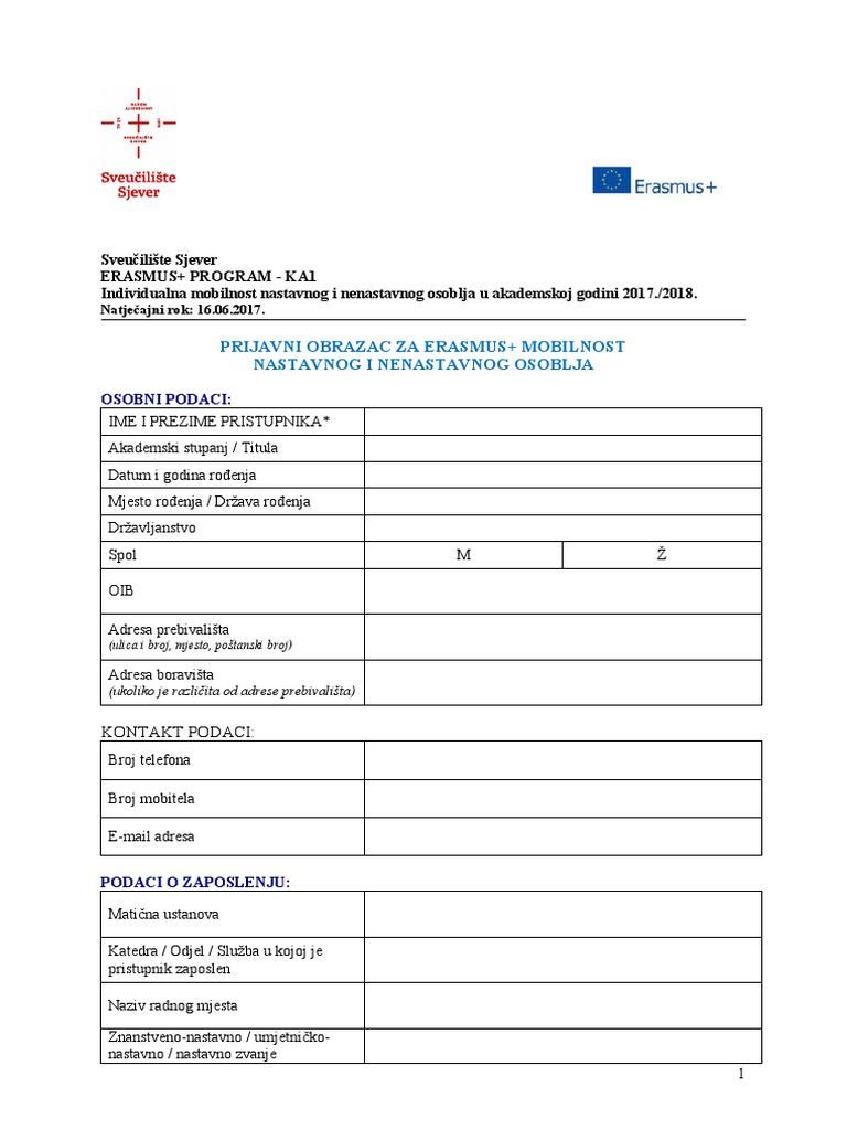 Prijavni Obrazac Za Osoblje 20172 | PDF