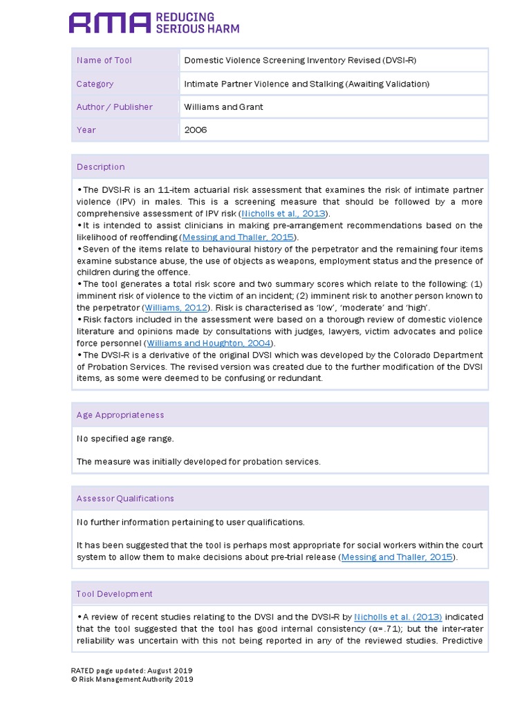 Domestic Violence Screening Inventory Revised DVSI R | PDF