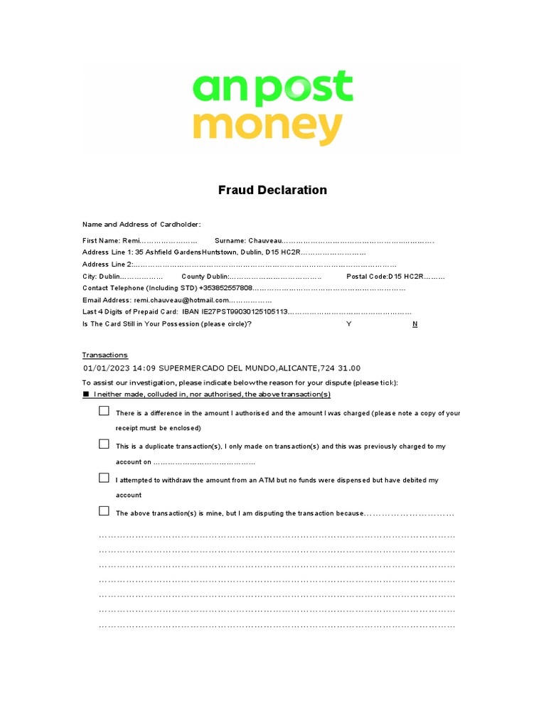 AnPost Fraud Declaration Form | PDF