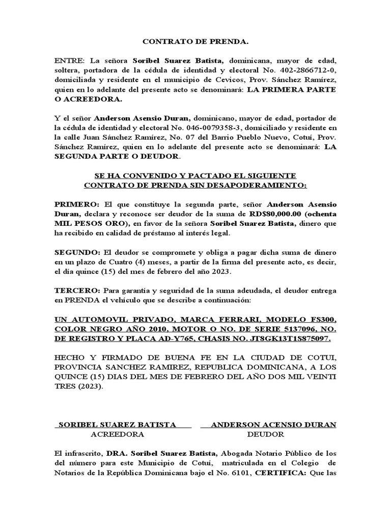 Contrato de Prenda. | PDF
