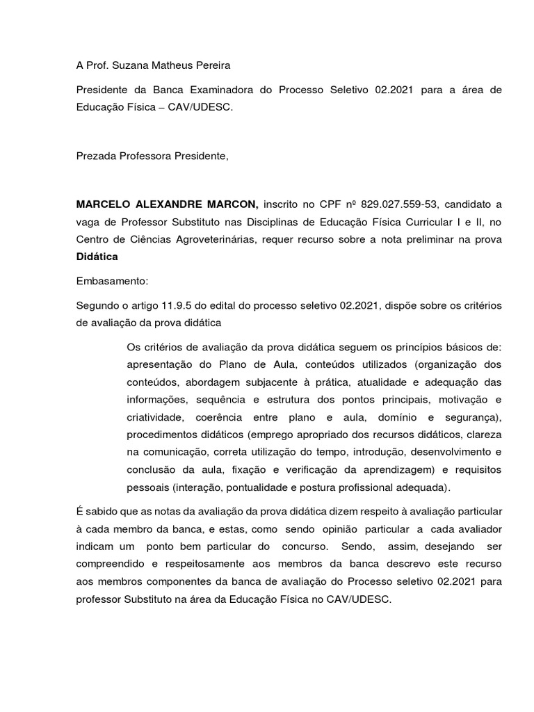 Modelo Recurso Prova Didática | PDF