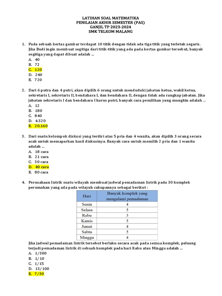 Latihan Soal Pas Matematika Ganjil 2023-2024 | PDF